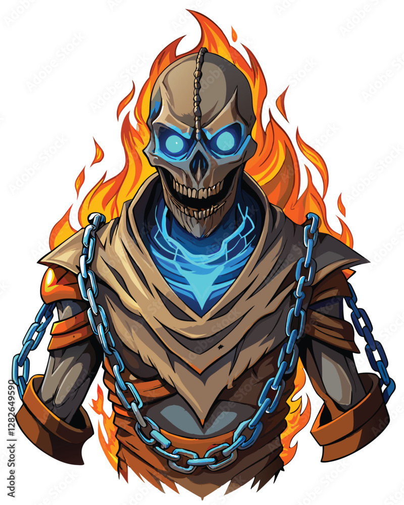 A detailed illustration of a skeletal figure, bound and enshrouded by ...