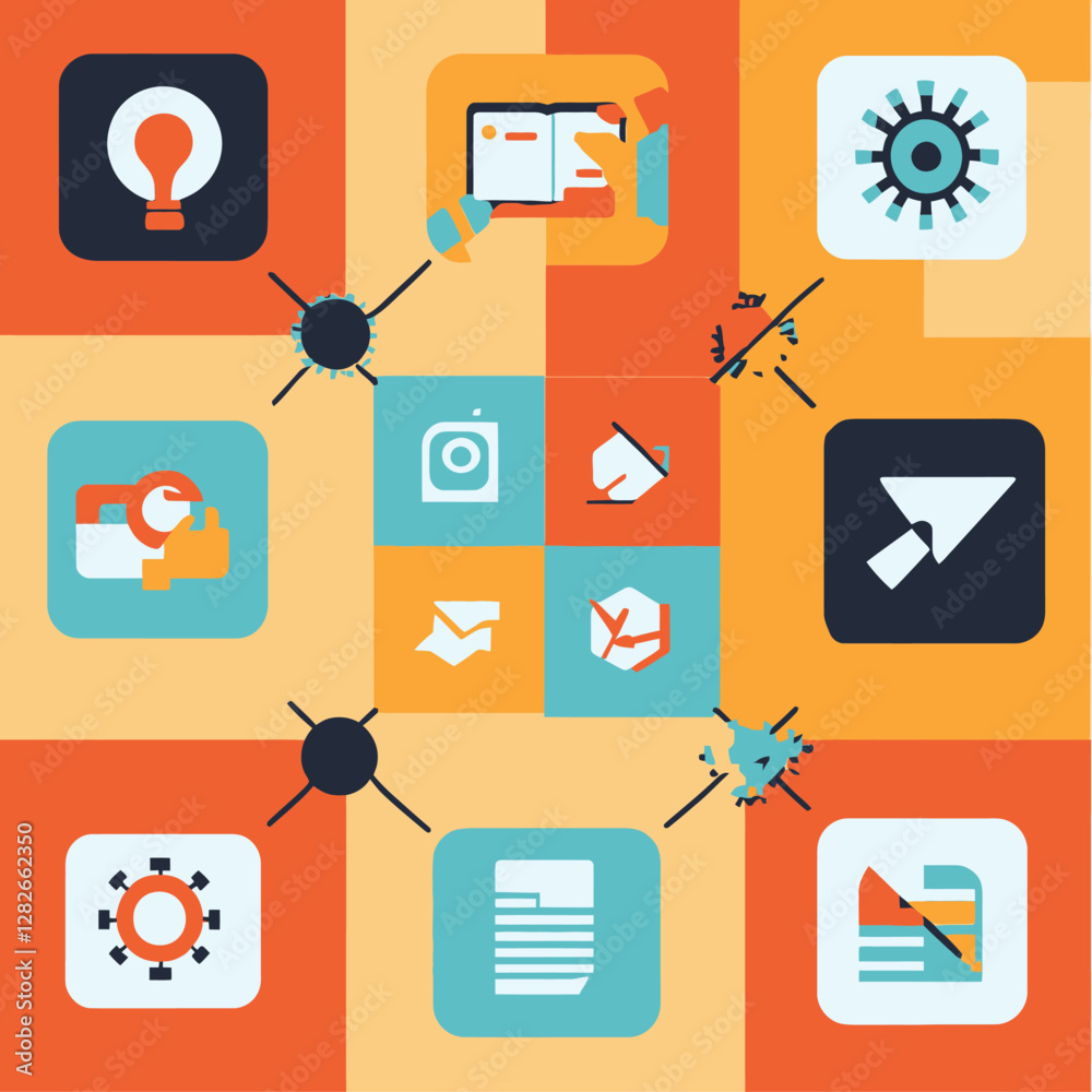Geometric icons in grid representing technology, design, and innovation ...