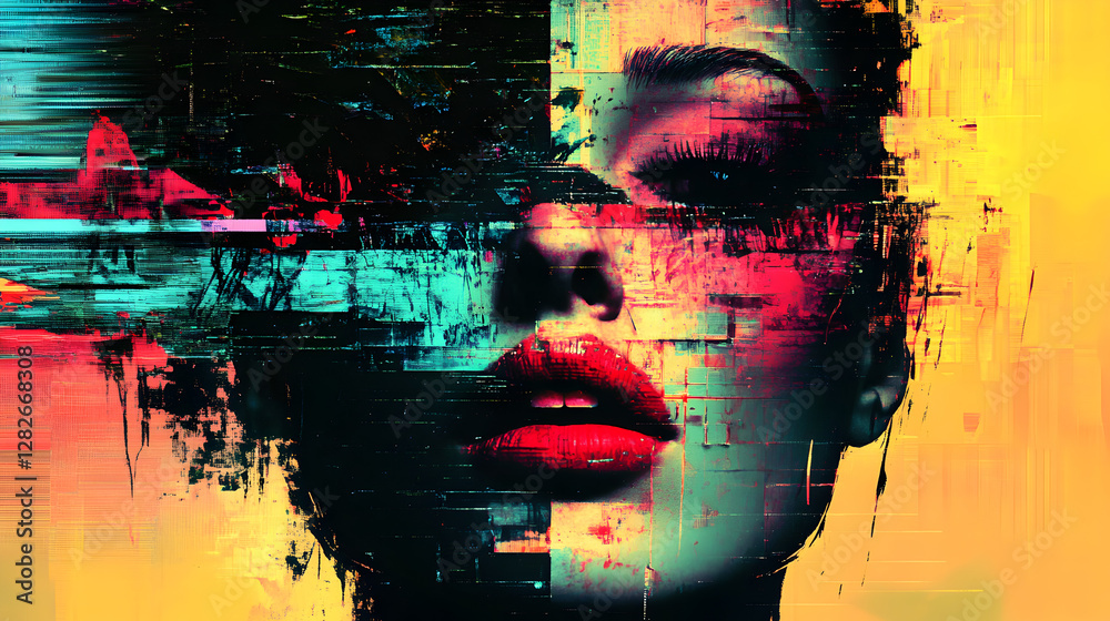 face with pixelation, chromatic aberration, and digital noise creating ...