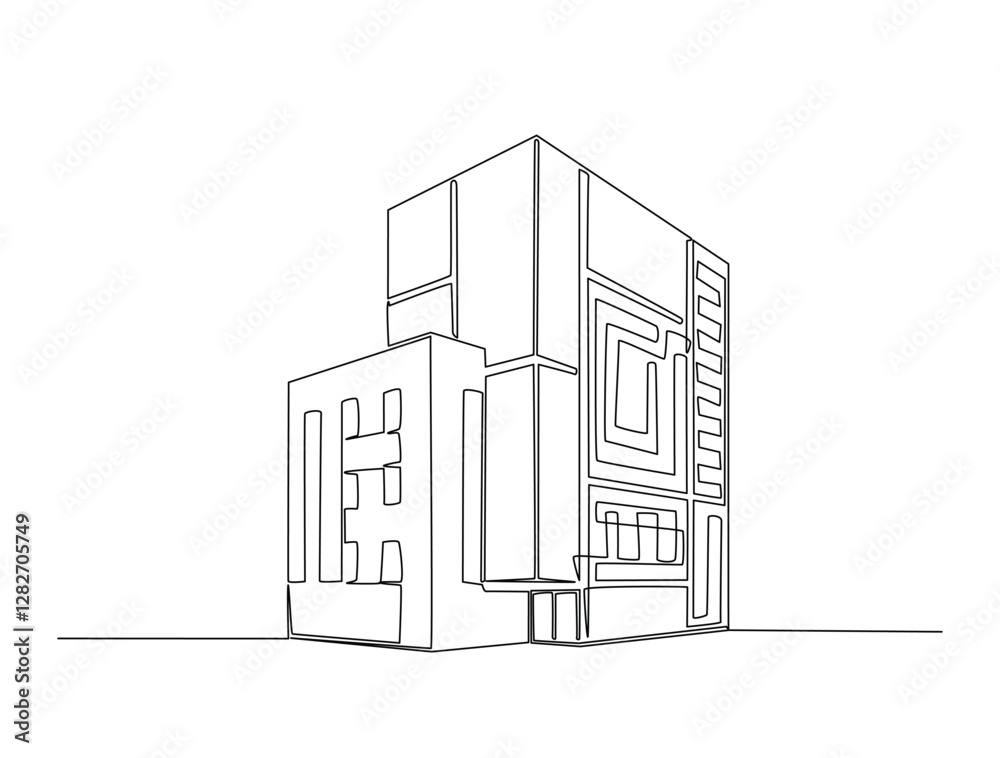Continuous line art drawing of modern building illustration. High rise ...