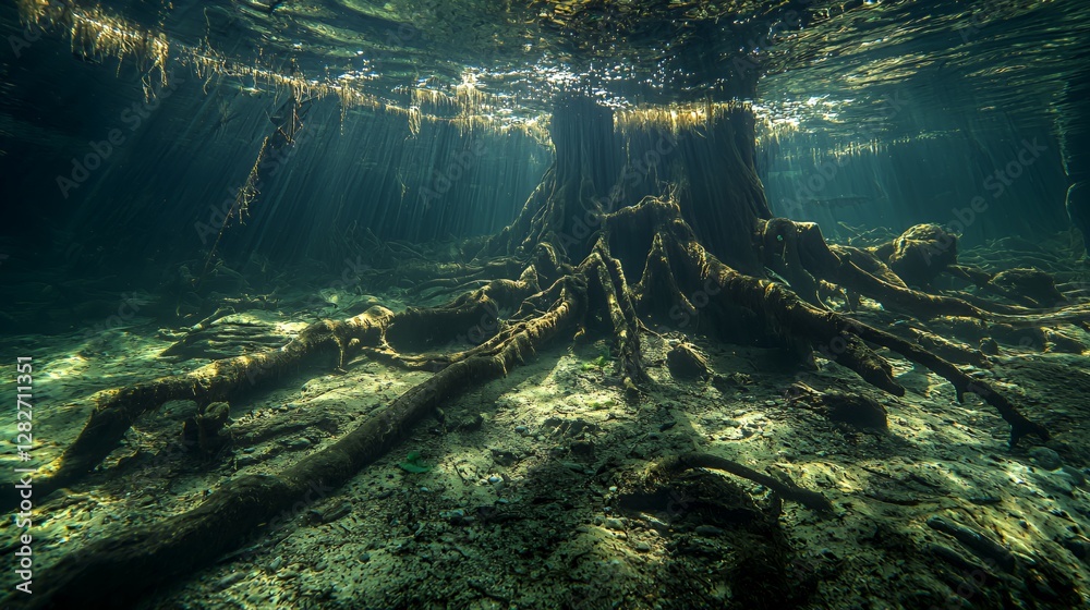 Submerged Tree Roots in Sunlit Underwater Scene Stock Photo | Adobe Stock