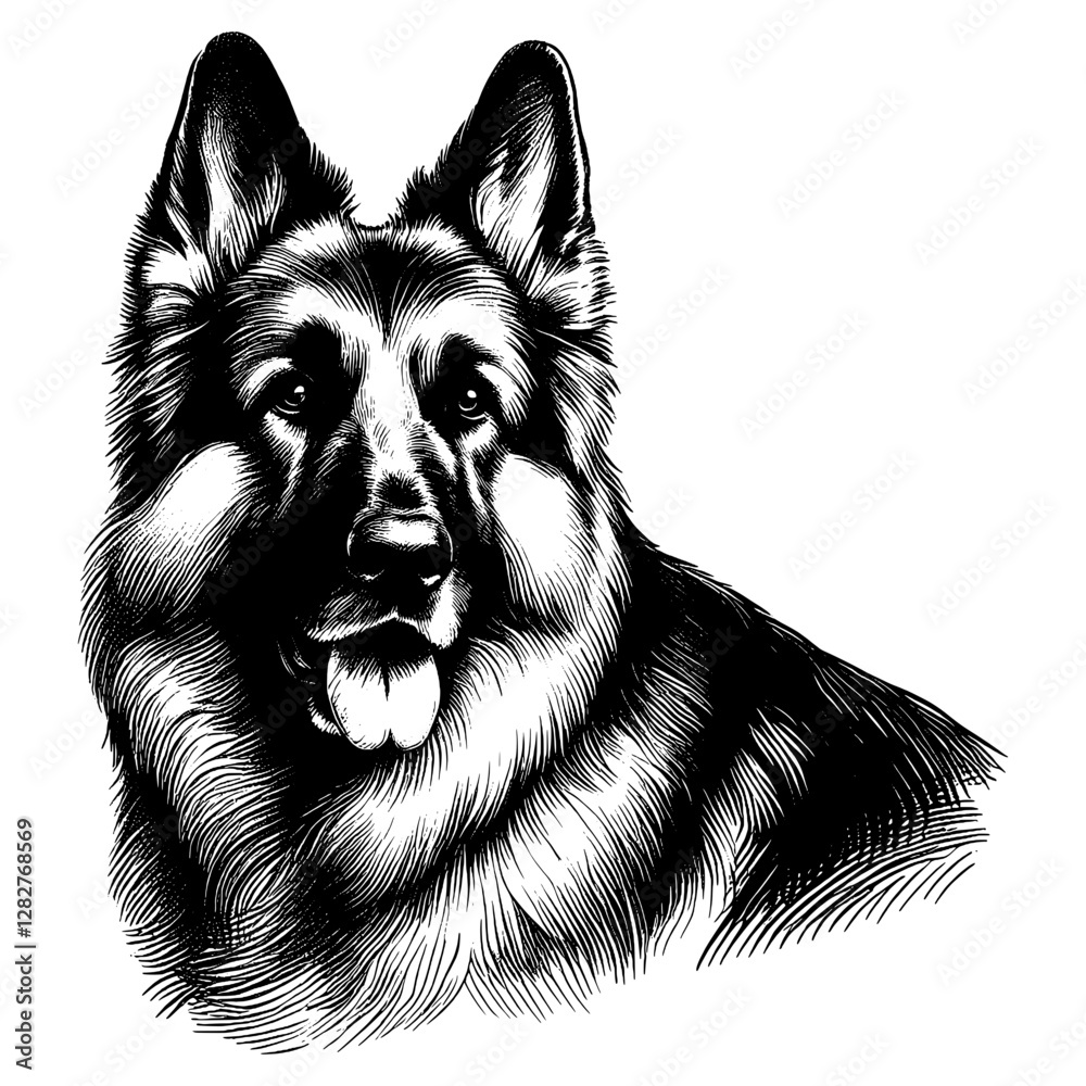 Line art drawing of German Shepherd dog's ink sketch vector hand drawn ...