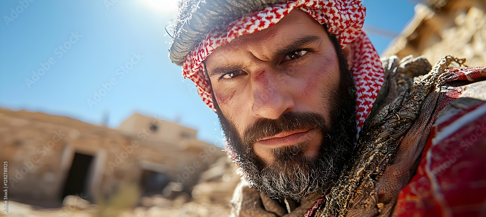 Intense close-up of a Middle Eastern man in traditional attire, a ...