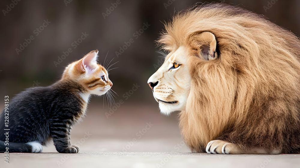 Kitten and Lion Face-off A small kitten stares intently at a majestic ...