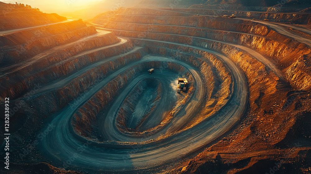 Foto de Stock Aerial view of a vast mining operation with winding dirt ...