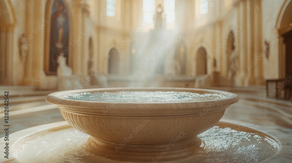 Sacred baptismal water flows over a carved stone basin, illuminated by ...