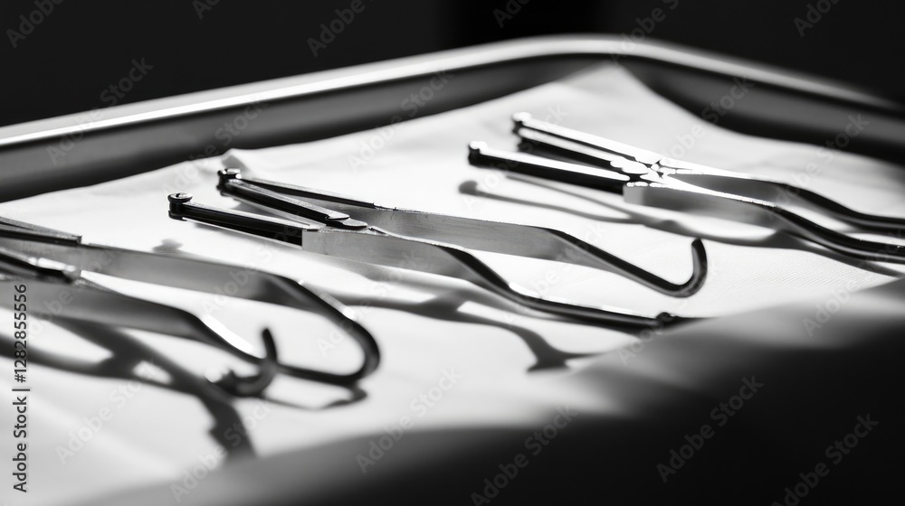 high-contrast black-and-white image of surgical clamps being placed on ...