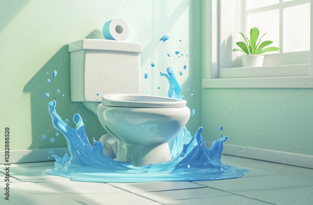 Toilet overflows with water flooding bathroom floor. Water splashes ...