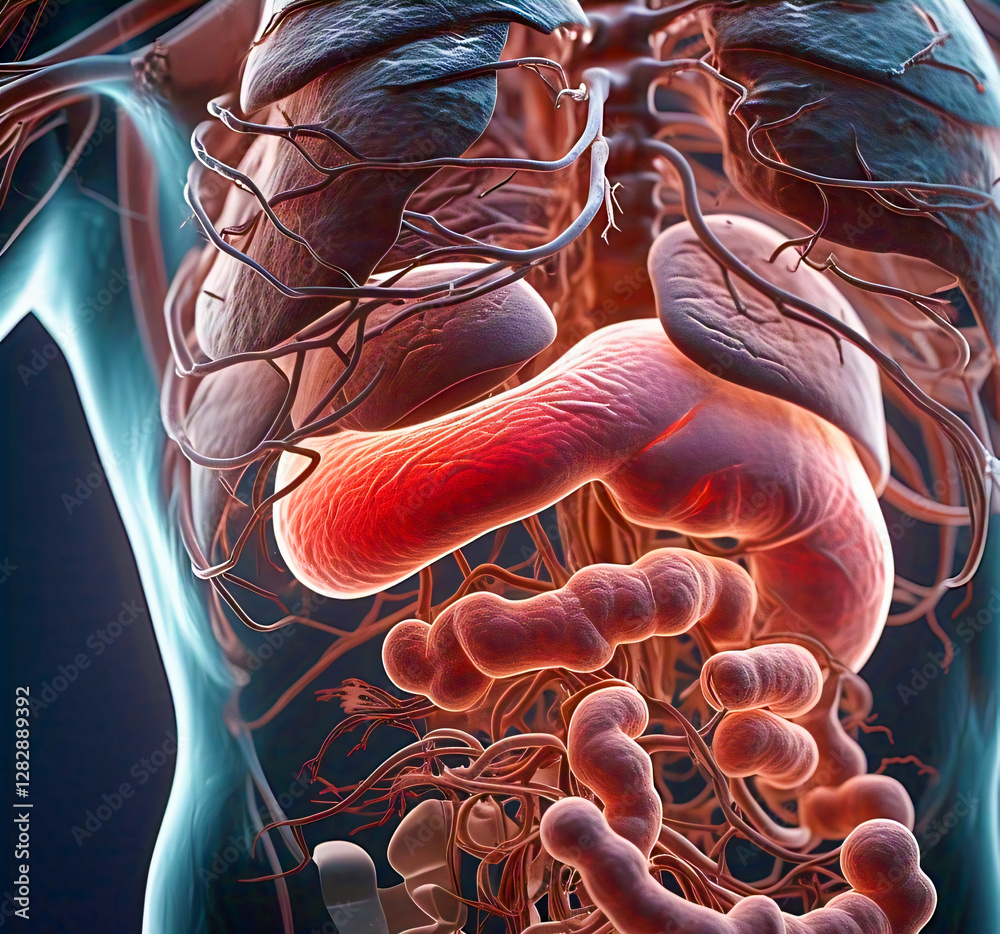Illustration of Pancreas gland, islets of Langerhans, insulin ...