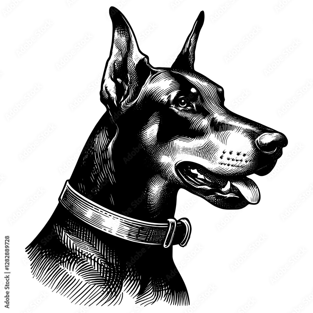 Line art drawing of Doberman Pinscher dog's ink sketch vector hand ...