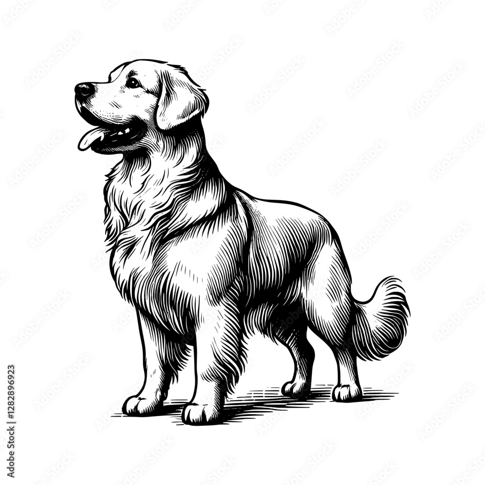 Line art drawing of Golden Retriever dog's ink sketch vector hand drawn ...
