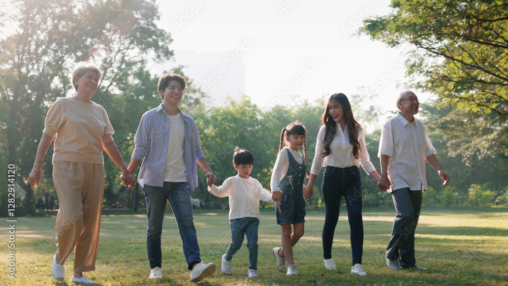 Happy big Asian family on summer walking together in the park, Multi ...