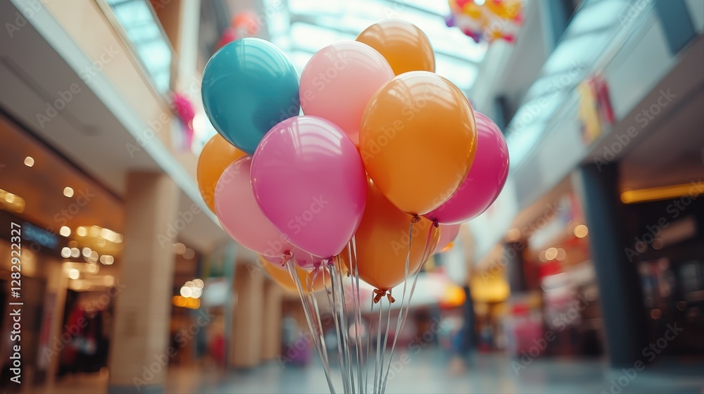Colorful bunch of balloons floating in a busy mall creating a festive ...