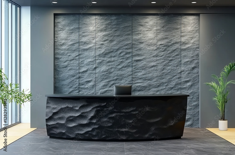 A modern reception desk with a black stone texture, flanked by two blue ...