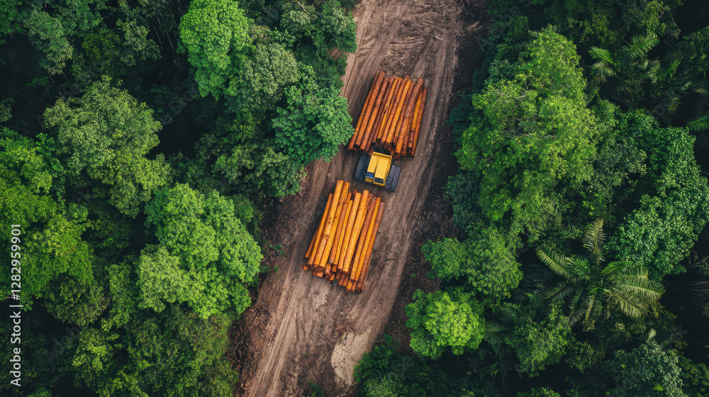 Aerial view of logging operation in lush rainforest showing ...