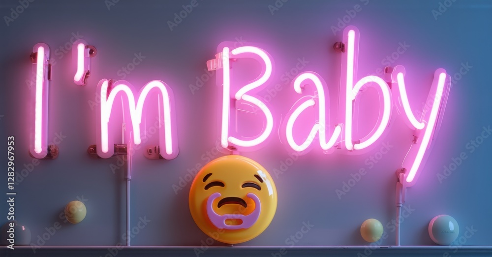 Foto de Stock Im Baby neon sign in glowing pink with a pacifier emoji ...