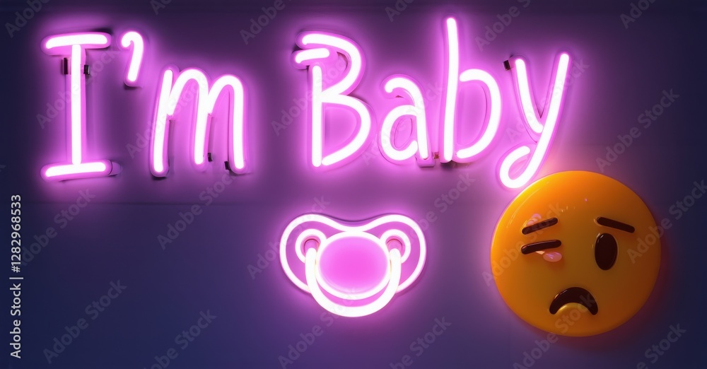 Im Baby neon sign in glowing pink with a pacifier emoji mounted below ...