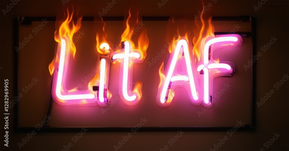 Lit AF neon sign in glowing pink with a bright yellow fire emoji ...