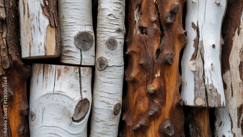 various types of tree logs stacked together featuring different ...