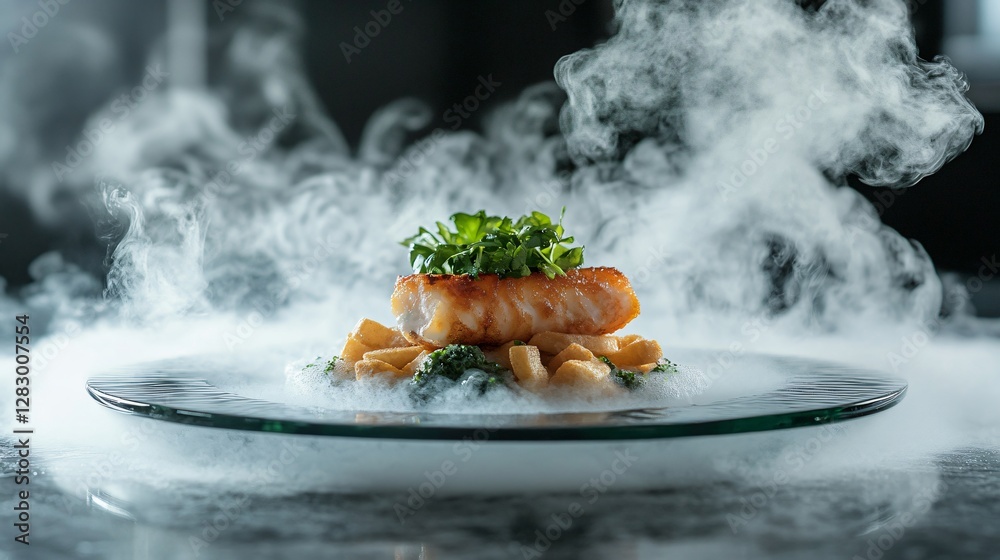 A luxury fine dining fish and chips dish served on a glass plate over a ...
