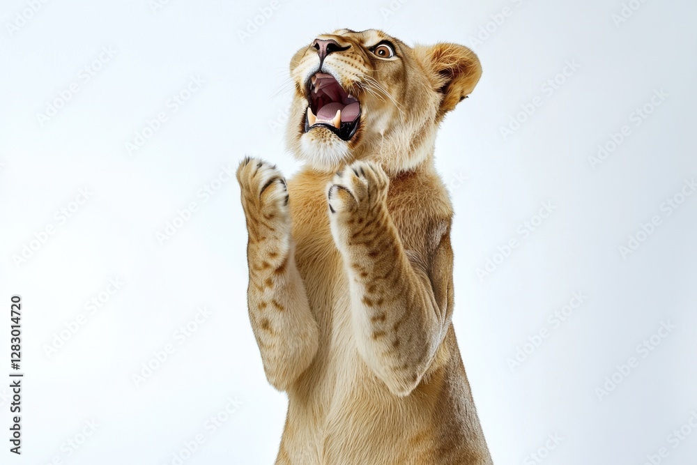 Lion with wide eyes and mouth open in shock wiht front paws raised to ...
