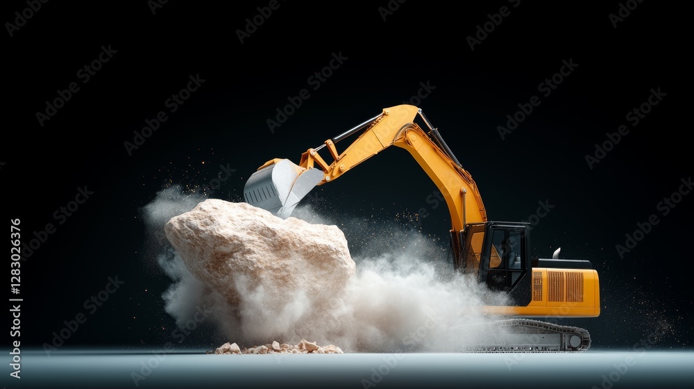 Excavator with a hydraulic hammer attachment breaking large rocks ...
