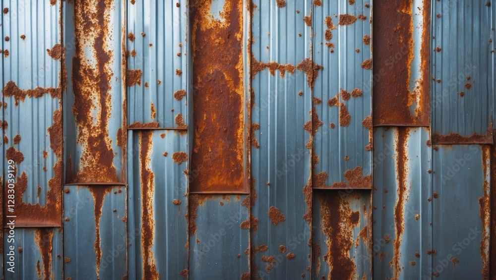 Rusty metal wall with textured surface and peeling blue paint showing layers of corrosion and ...