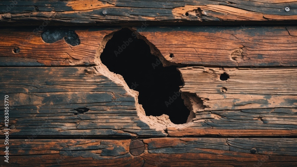 Wood texture with large hole in rustic wooden planks showing wear and ...