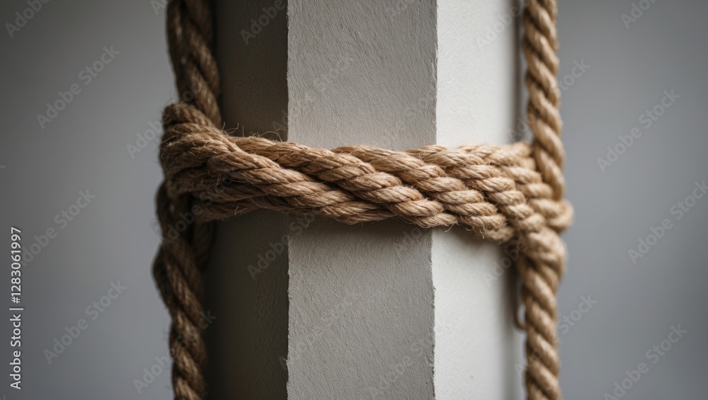 Rope tied around a white column capturing texture and detail of natural ...