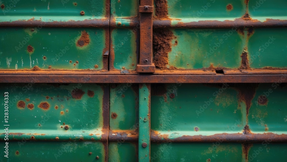 Rusty green metal surface with peeling paint and visible corrosion in ...