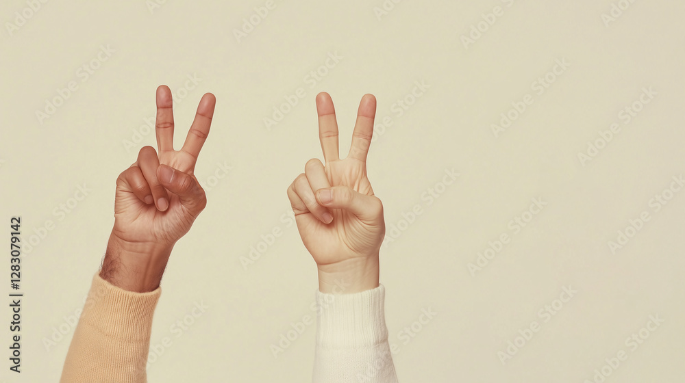 Victory Gesture: Two hands, one with tanned skin and the other fair ...