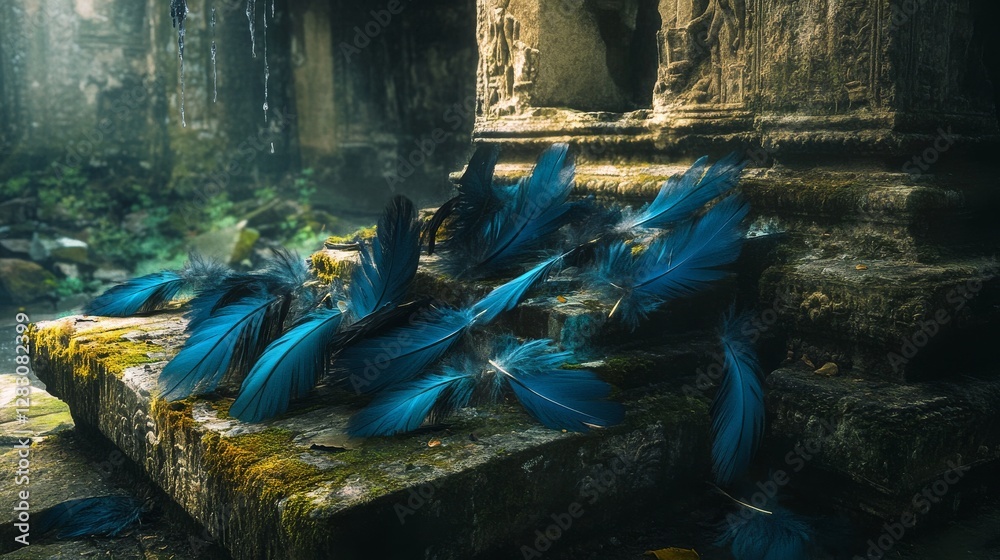 An array of vibrant blue feathers is strewn across a stone altar in a ...