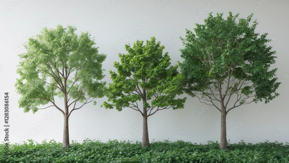 Three different types of trees with varying shades of green foliage ...