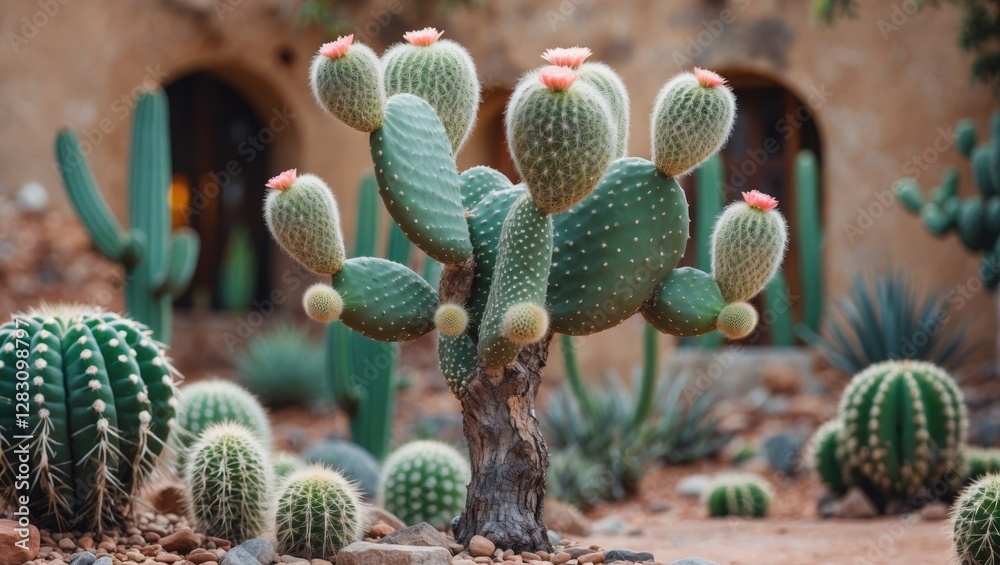 Cactus garden composition featuring multiple cacti varieties with ...