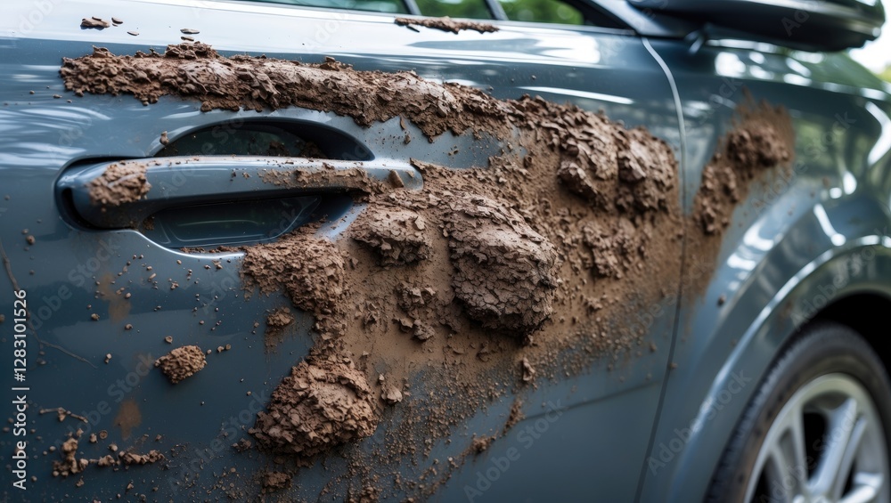 Dried mud staining on vehicle surface showcasing texture and impact of ...