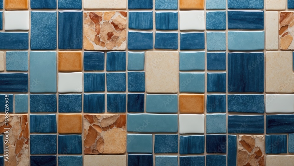 Ceramic mosaic tile wall design featuring various shades of blue and ...