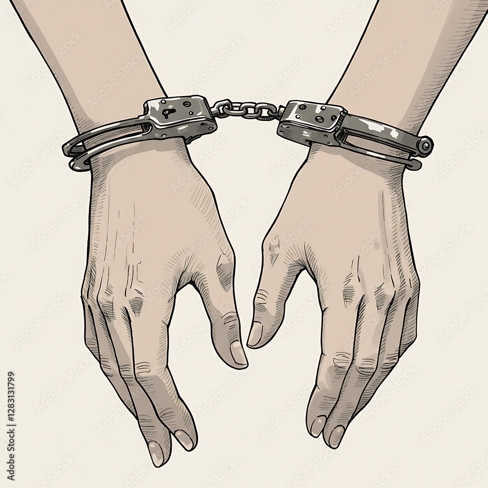 Cartoon-like depiction of hands clasped in handcuffs symbolizes ...