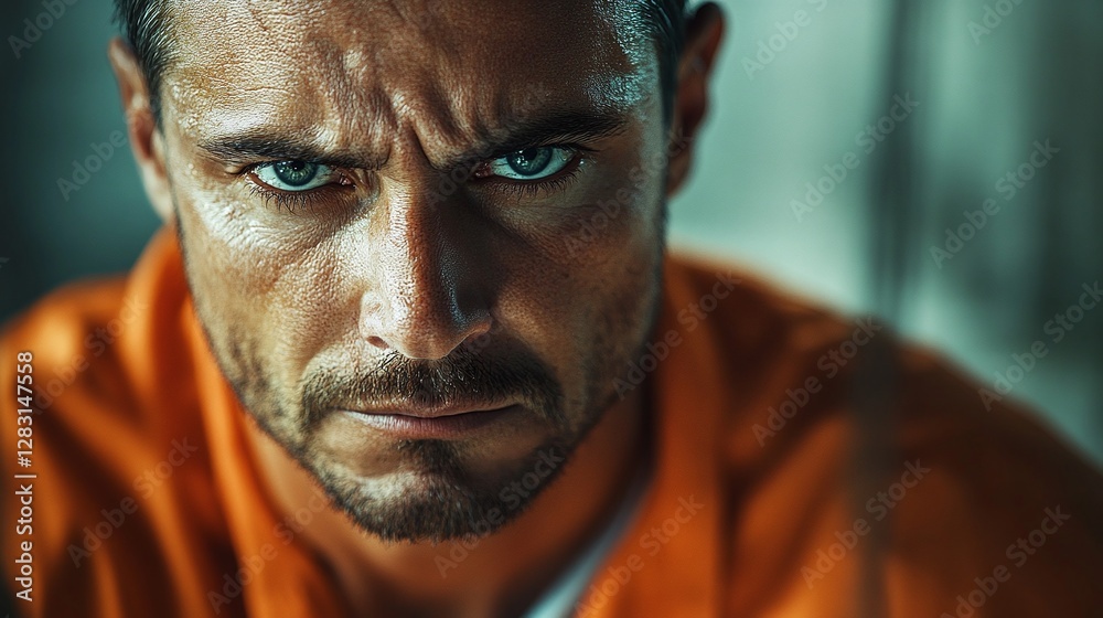 a convicted inmate in prison wearing an orange uniform looking stern ...