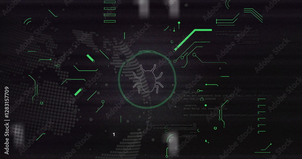 Bug icon and binary code image over digital world map background Stock Illustration | Adobe Stock