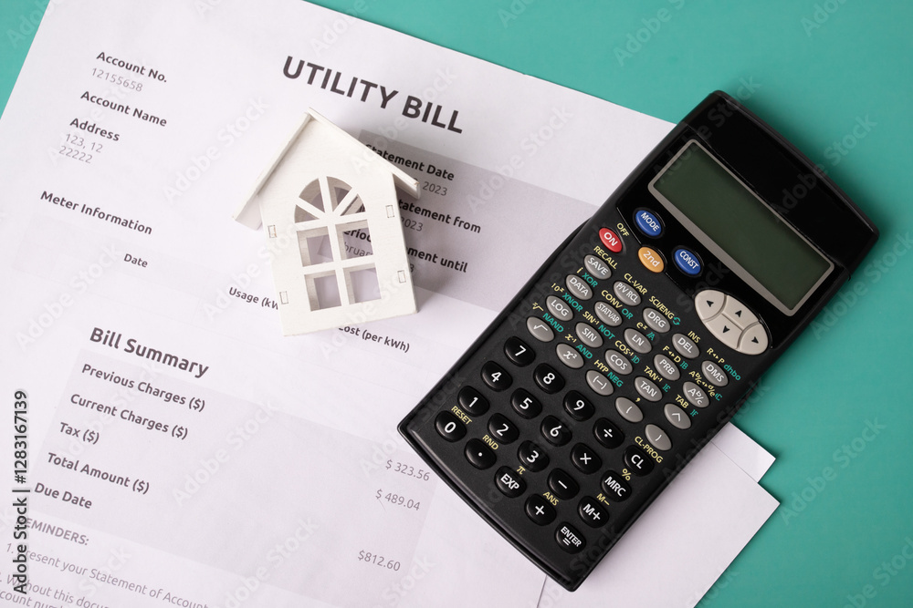 Utility bill with house and calculator, transaction receipt for power ...