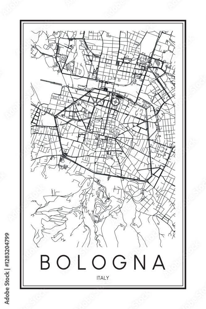 Printable downtown road map poster of the Italian city of BOLOGNA on ...