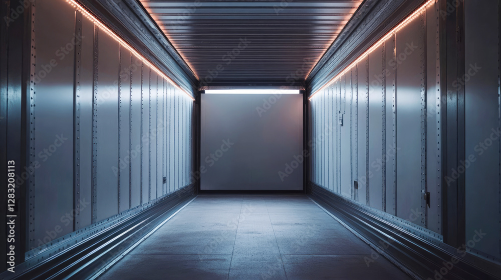Interior of a cargo trailer with illuminated walls and empty space at ...