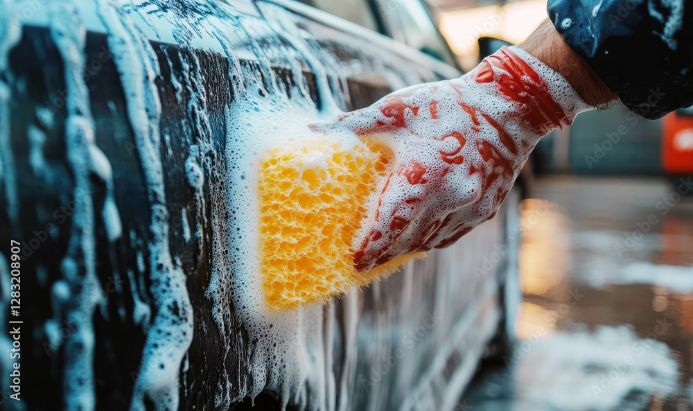 Person washing a car with a sponge in soapy water at a car wash ...