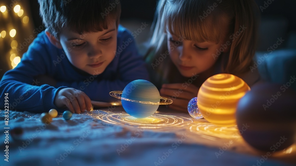 Two kids studying a scale model of the solar system, learning about ...