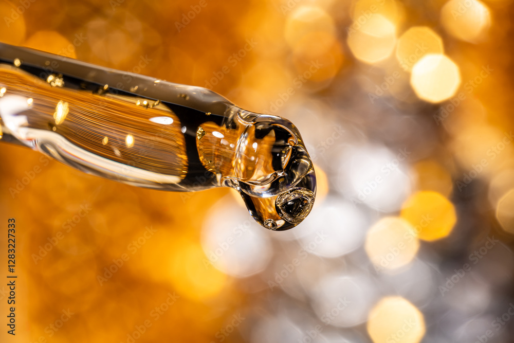 Liquid serum and dropper on a bokeh golden background macro. 24k gold ...