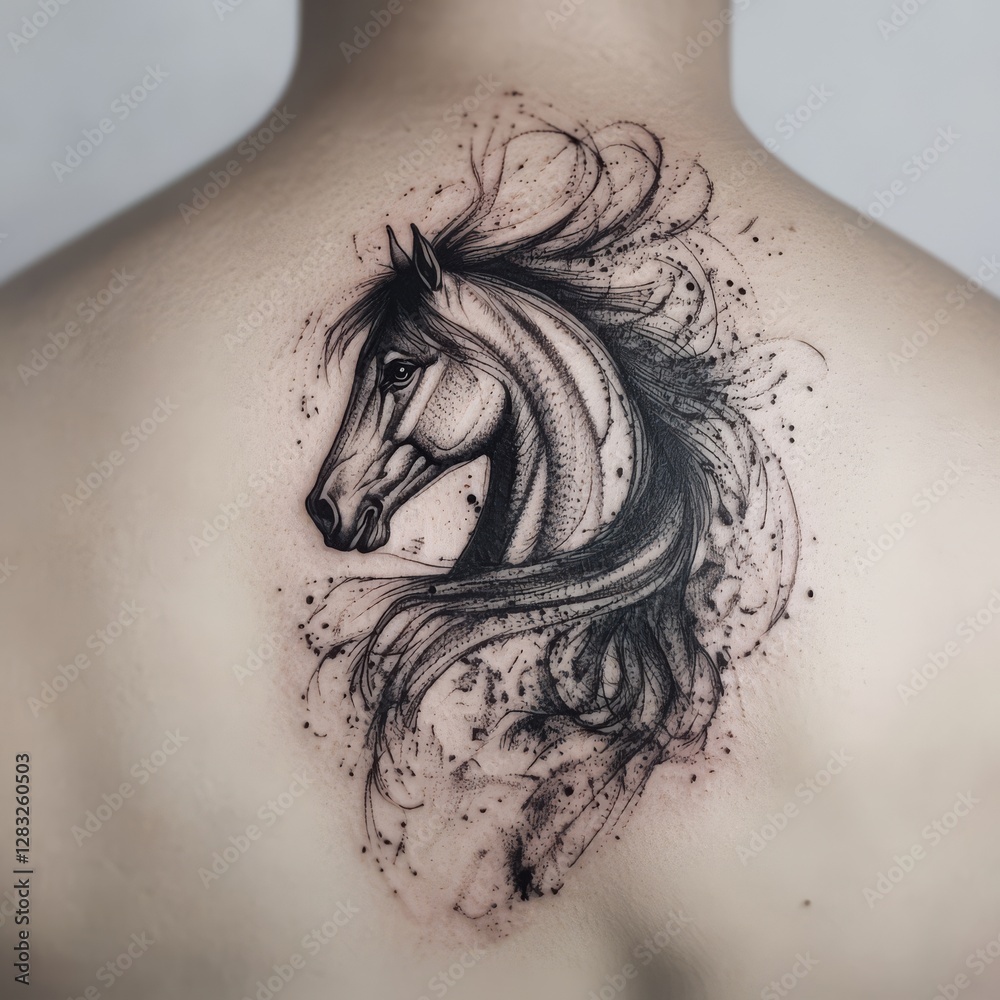 Design Tattoo: A striking tattoo design of a horse's head and flowing ...