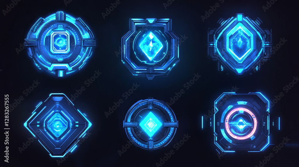 Futuristic badges with level number and experience points for game ui design. Vector cartoon ...