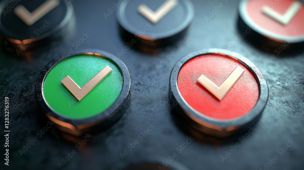 3D illustration set of green and red shield with check and cross marks ...