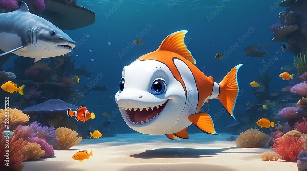A cartoonish fish with a big smile on its face is swimming in a coral ...