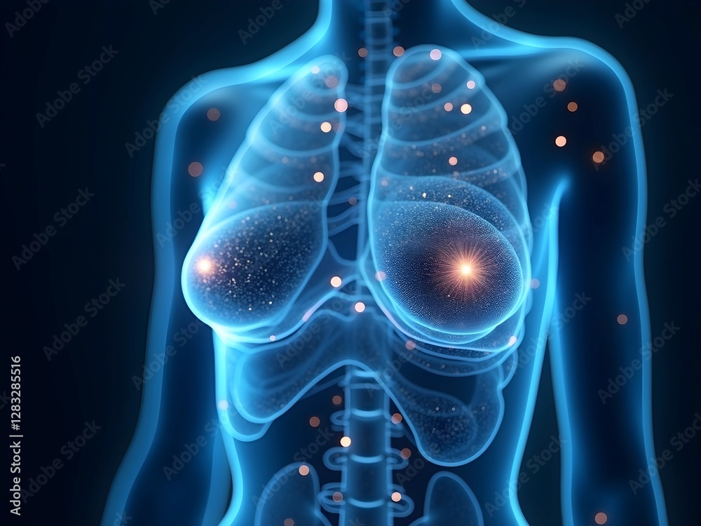 3D visualization of female breast anatomy with glowing blue translucent ...